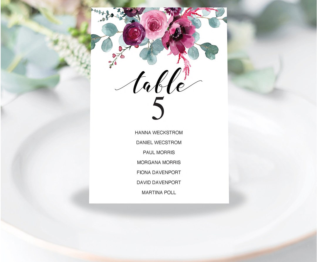 Printable Floral Wedding Table Numbers With Guest Names - Editable ...