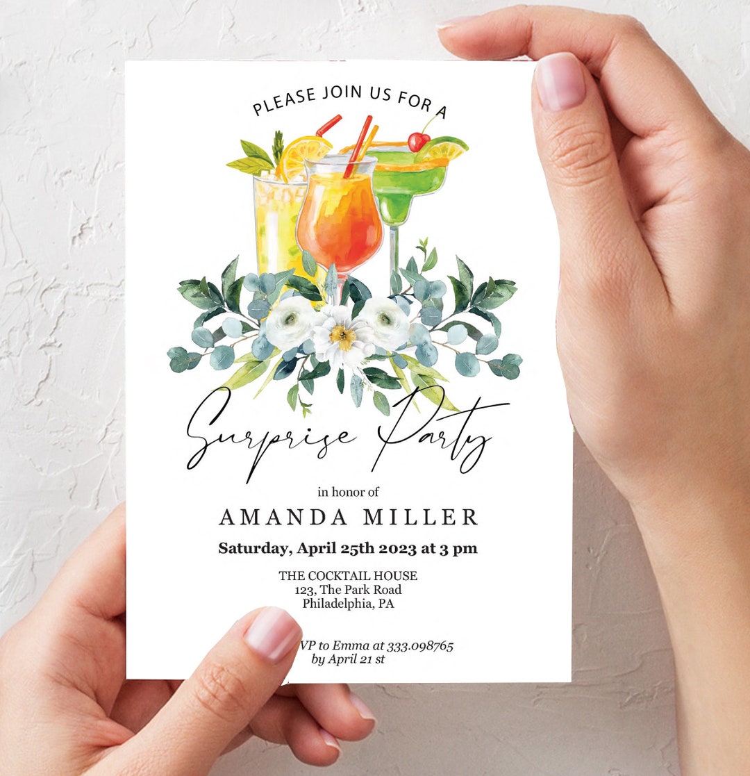 Summer Cocktails Surprise Party Invitation Template, Floral Birthday ...