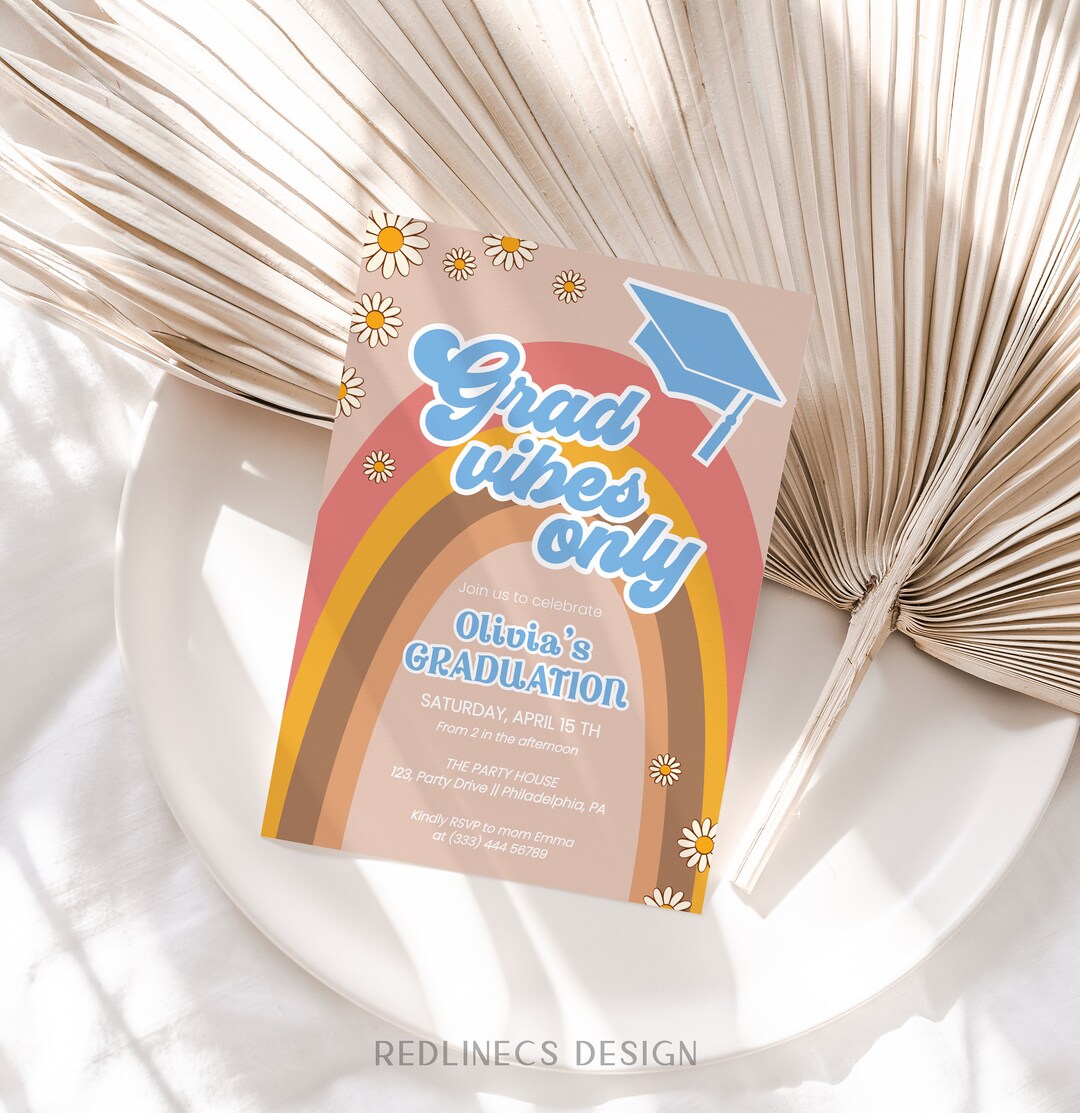 Groovy Graduation Party Invitation Printable, Rainbow Grad Vibes ...