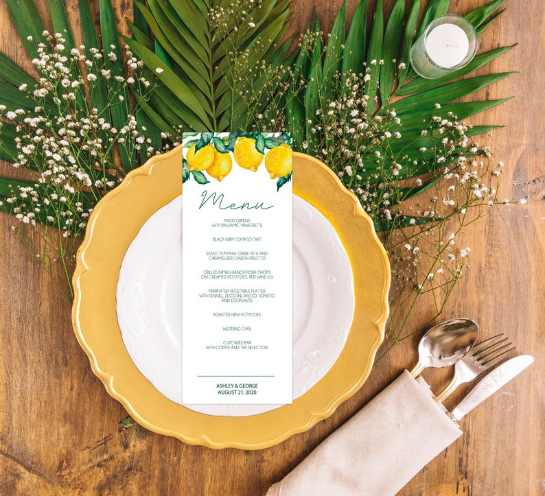 Lemons Menu Card printable Summer Wedding Menu template card | Etsy