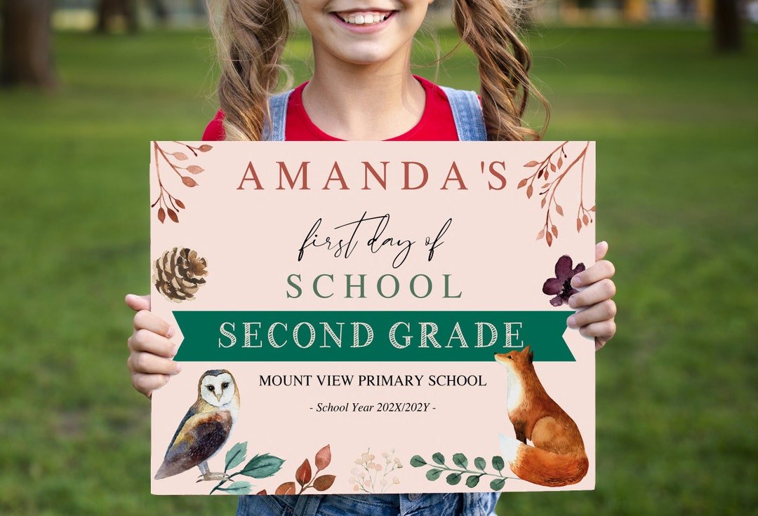 Woodland Boho First Day of School Sign Template, Forest Animals Back to ...