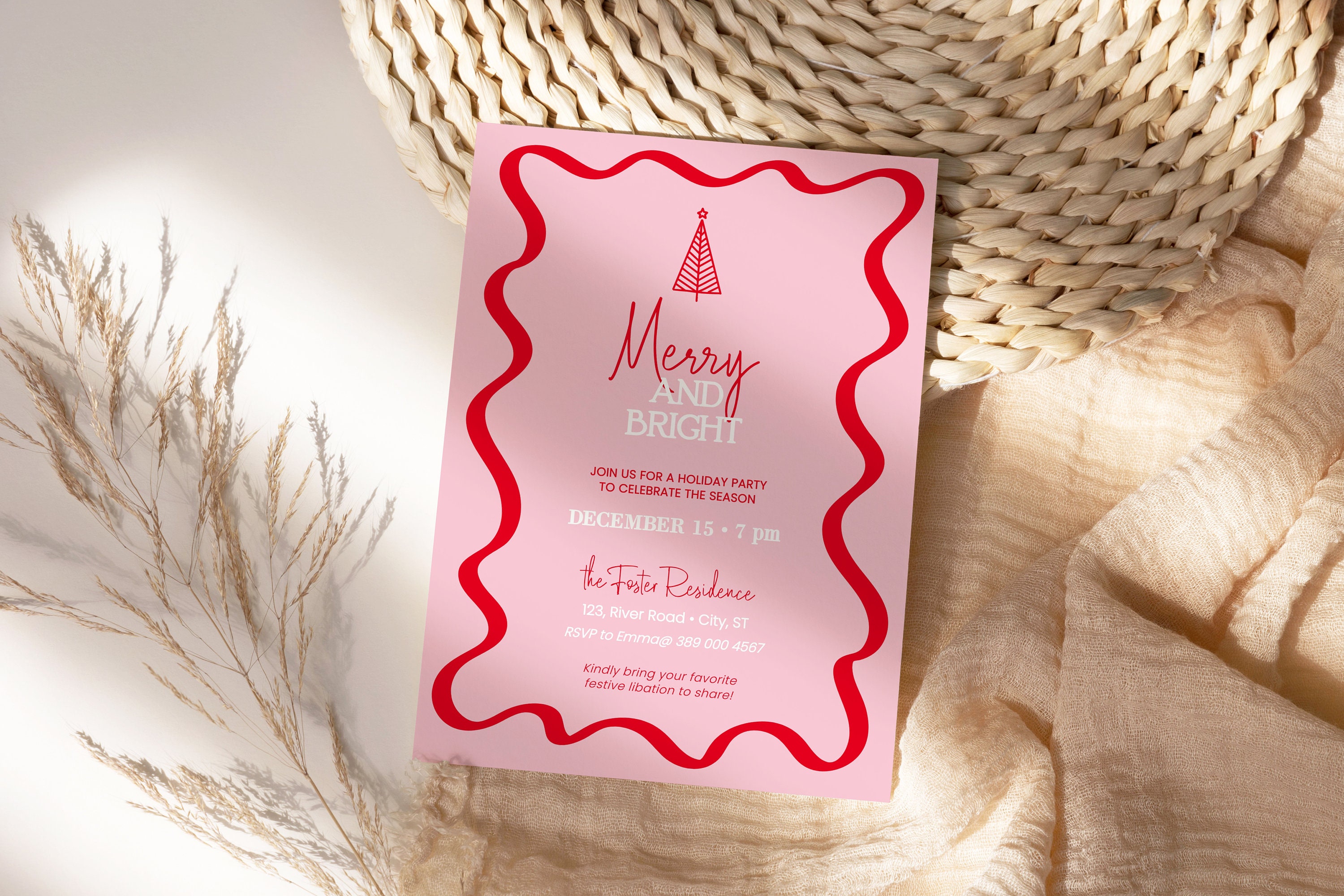 Pink and Red Christmas Party Invitation Template Merry and Bright ...