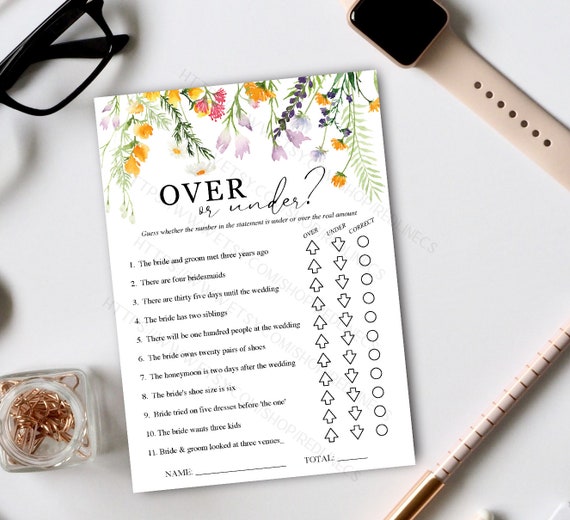 Over Or Under Bridal Shower Game Printable Wedding Shower Etsy