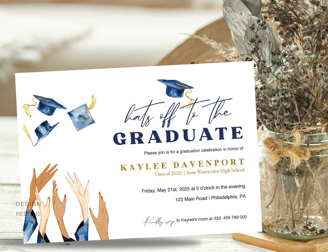 Hats off Graduation Party Invitation Printable, Watercolor Caps ...