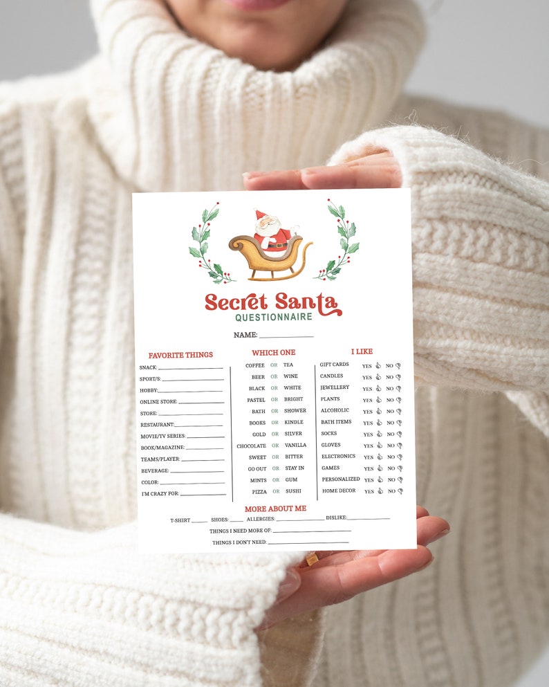 Editable Secret Santa Questionnaire Modern Minimalist Santa - Etsy