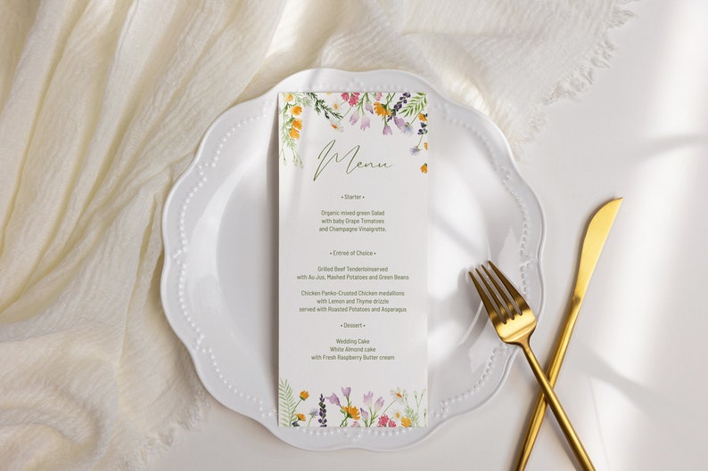 Wildflowers Menu Card and Name Card Template, Place Card Editable, Menu ...