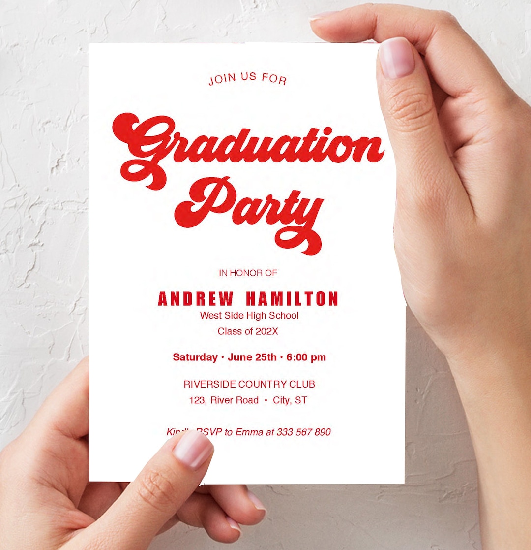Groovy Red Graduation Party Invitation Printable, Simple Modern Grad ...