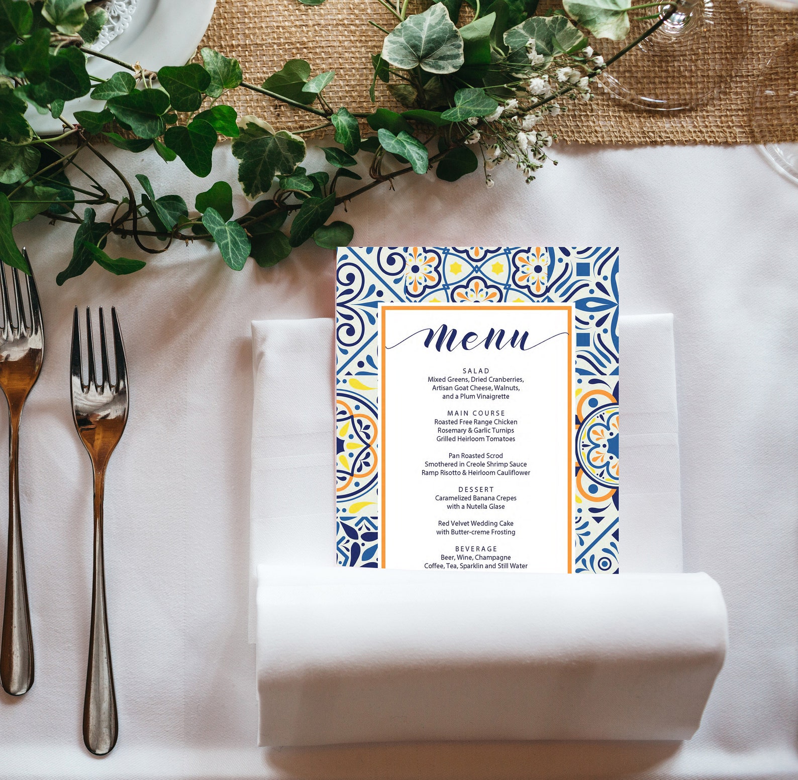 Mediterranean Tiles Menu Template 5x7 Inches Portuguese Tiles - Etsy