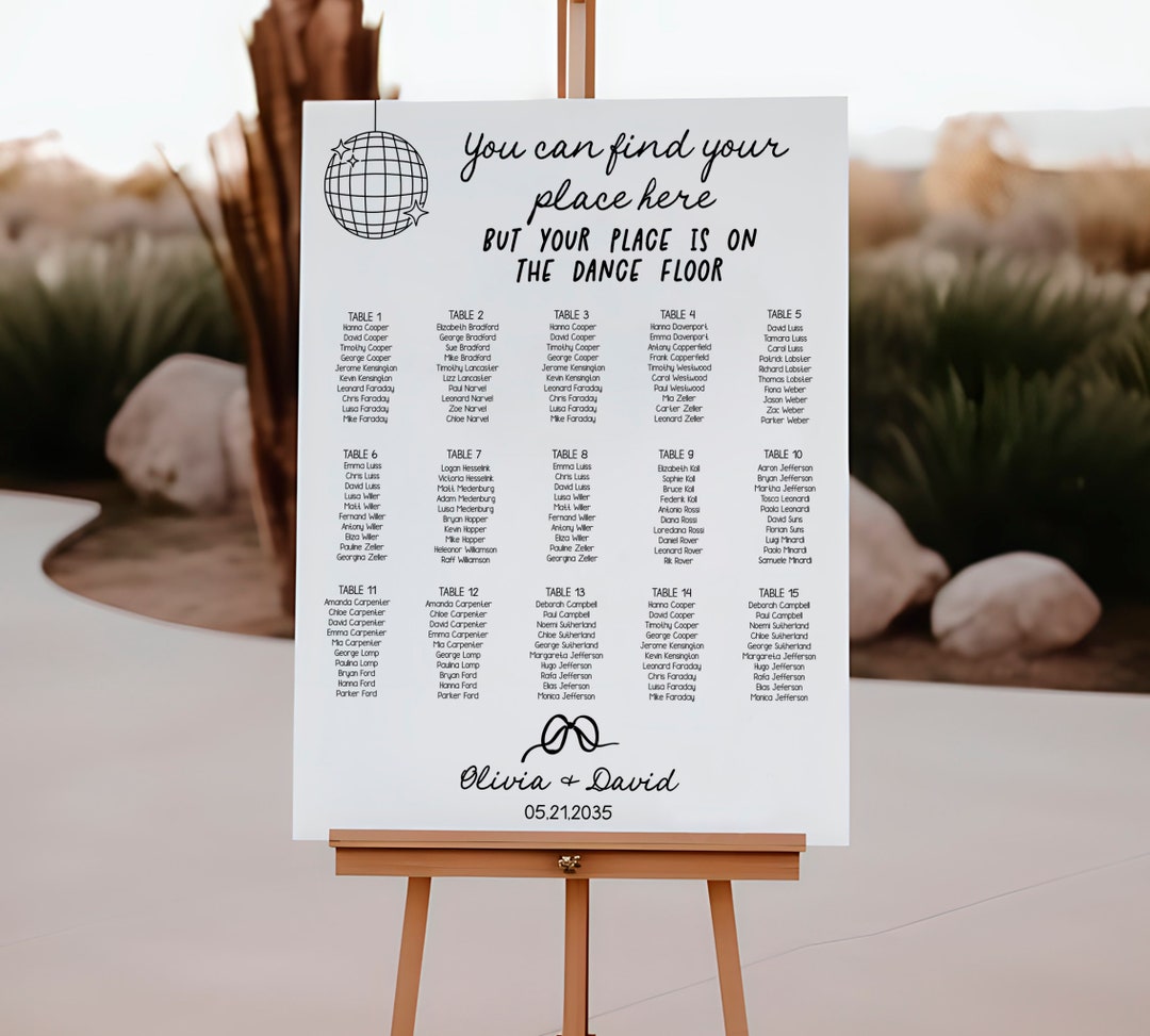 Wedding Seating Chart Template, Disco Ball 70s Themed, Yoour Place is ...