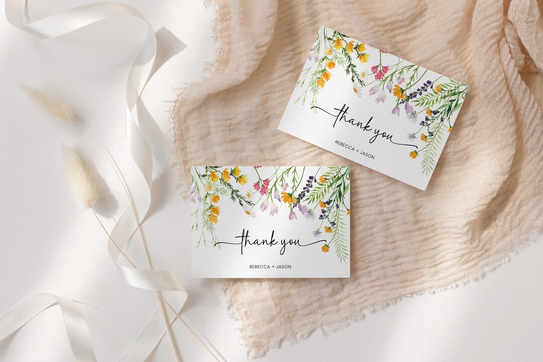 Wildflower Thank You Card Template, Folded Flat, Editable Wedding, Baby ...