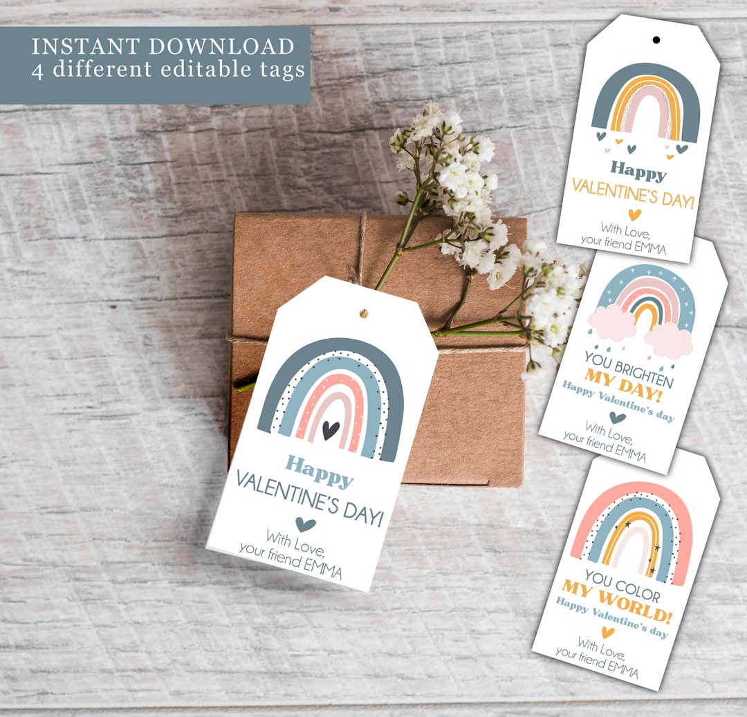 Valentines Day Kids Printable Tags, Valentine's Day Rainbow Tags Custom ...