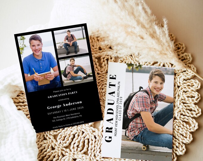 Modern Custom Photo Graduation Announcement Invitation, Grey, Black ...