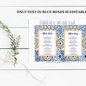 Mediterranean Tiles Menu Template 5x7 Inches, Portuguese Tiles Dinner ...
