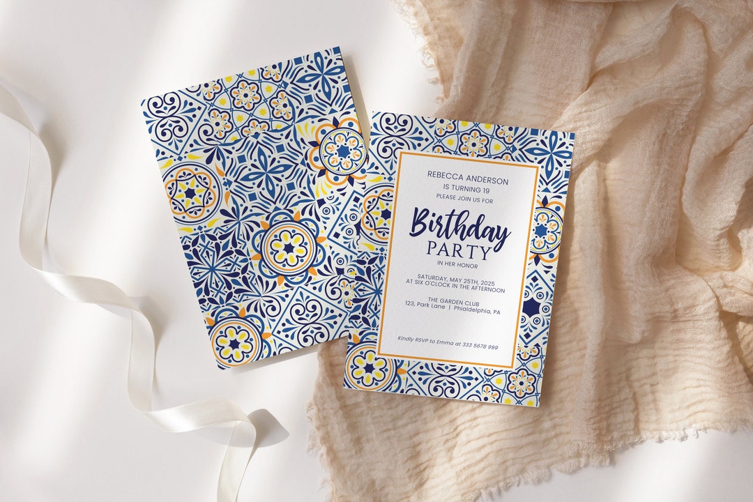 Portuguese Tiles Birthday Party Template, Orange and Blue Mediterranean ...