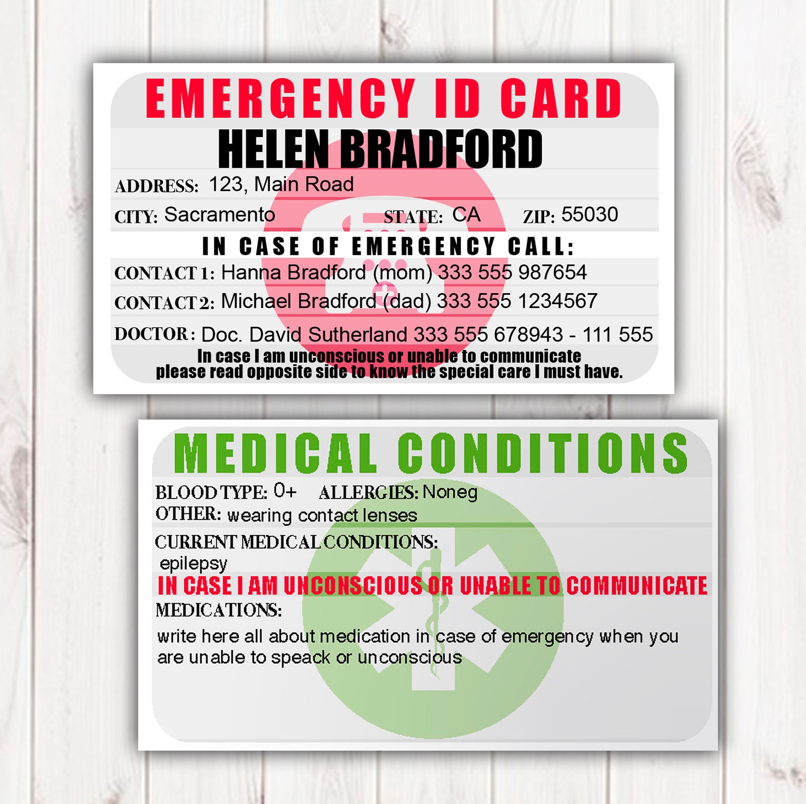 Emergency Identification Card Template Medical Condition - Etsy