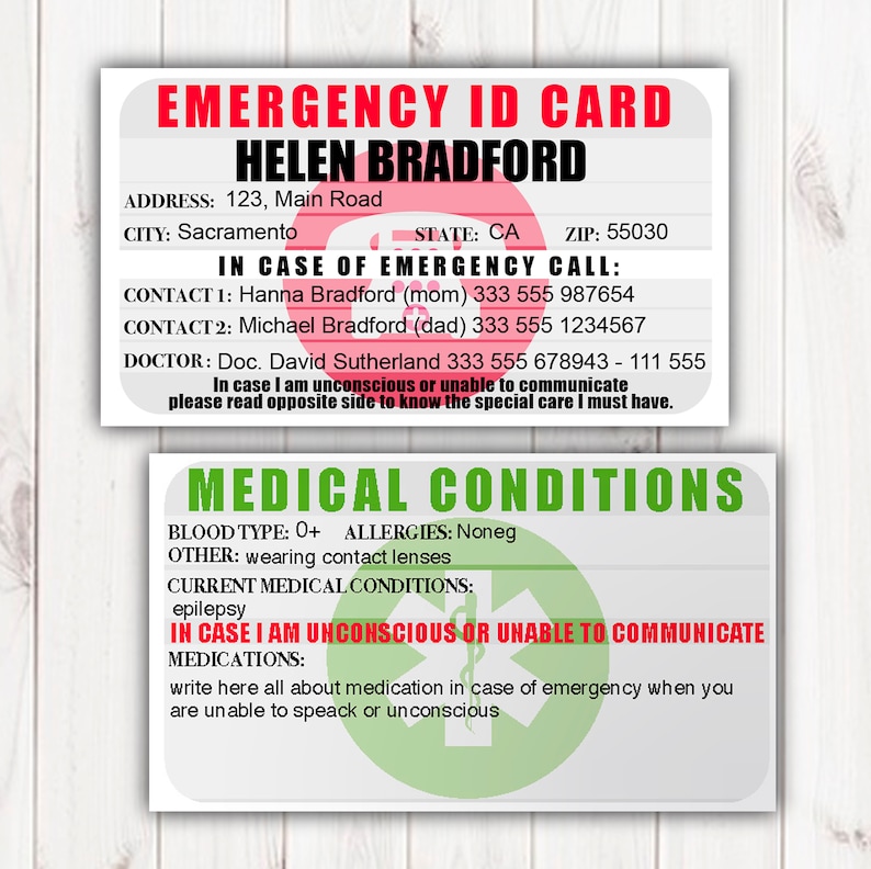 Emergency Identification Card Template Medical Condition - Etsy Emergency Identification Card Template Medical Condition - Etsy