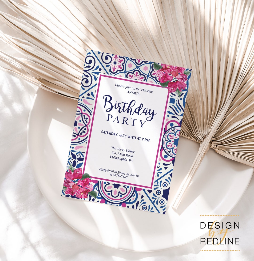 Bounganville and Tiles Birthday Party Invitation Template, Pink Floral ...