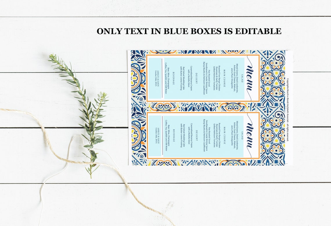 Mediterranean Tiles Menu Template Portuguese Tiles Dinner - Etsy