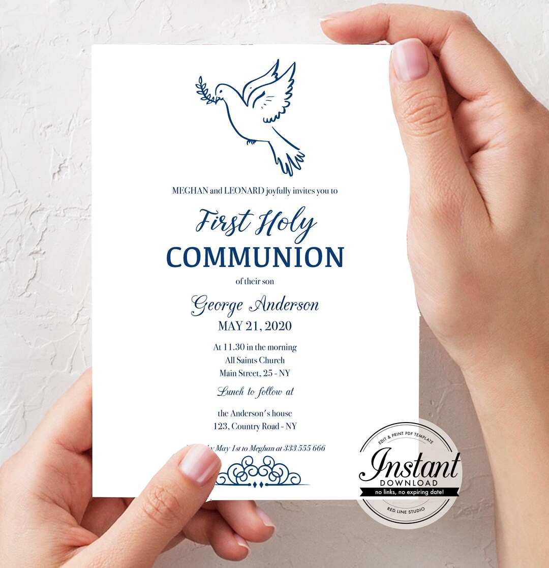 Dove First Communion Invitation Printable, Blue Communion Invite ...