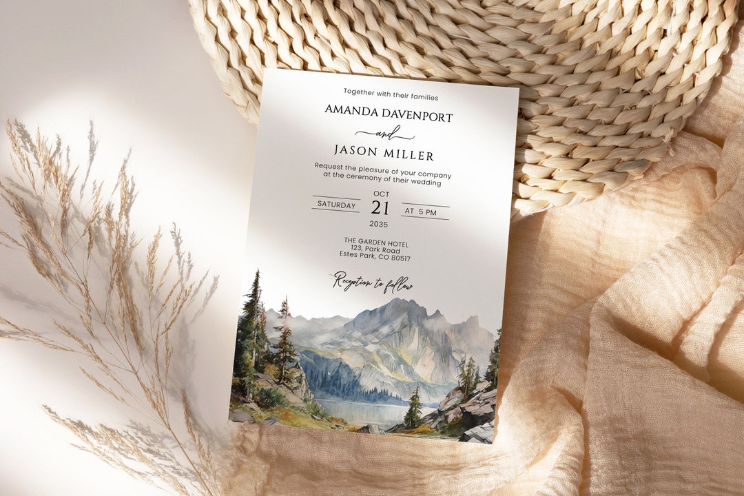 Mountain Wedding Invitation, Lakeside Woodland Editable Invite, Watercolor Wedding Invite ...