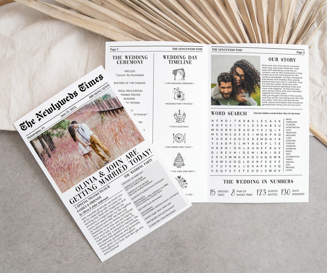 Newspaper Wedding Program Template, Wedding Day Fun Program, Editable ...
