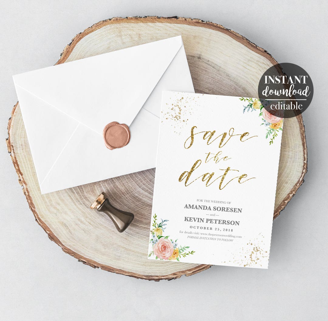 Save the Date Floral Boho Template, Floral Blush Gold Sparkling Glitter ...