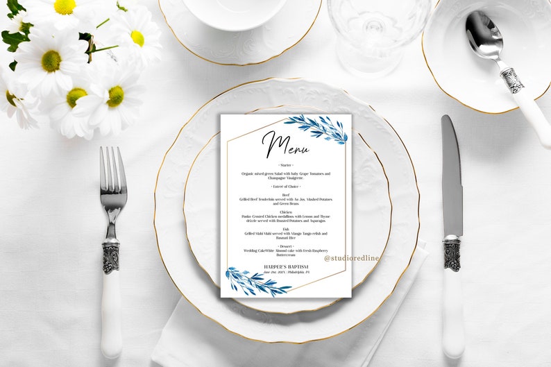 Blue Leaves Menu Template Elegant Personalized Menu Card - Etsy