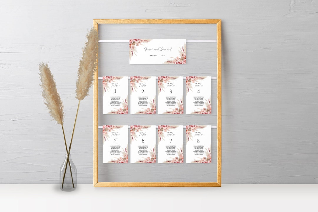 Boho Seating Chart Printable Cards, Pampas Grass Dried Flowers and ...