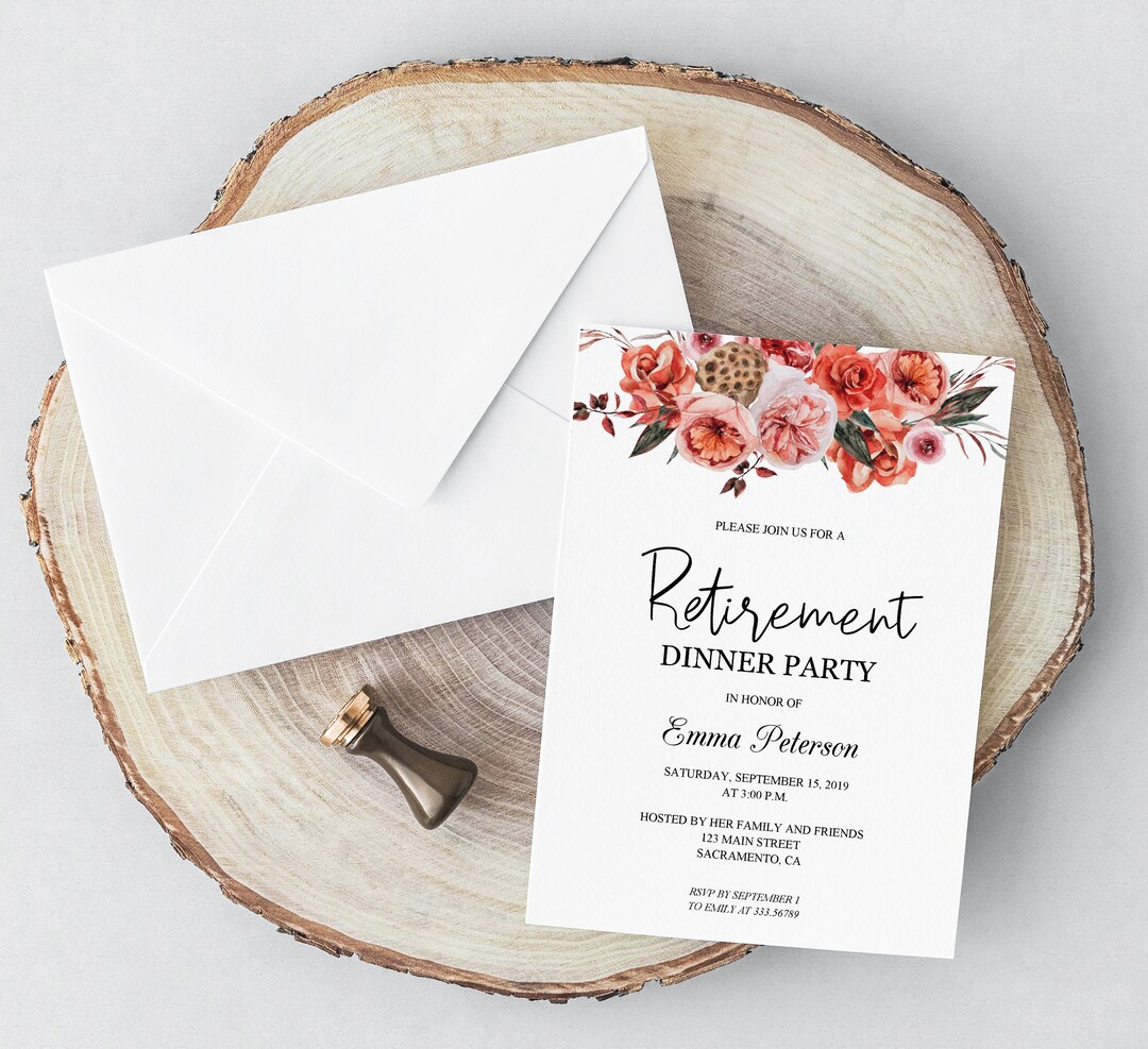 Floral Retirement Party Invitation Printable, Elegant Retirement Party ...