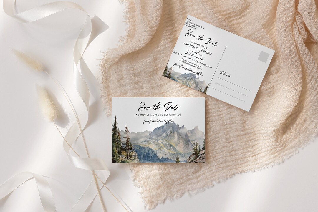 Save the Date Card Postcard Template, Mountain Wedding Announcement ...