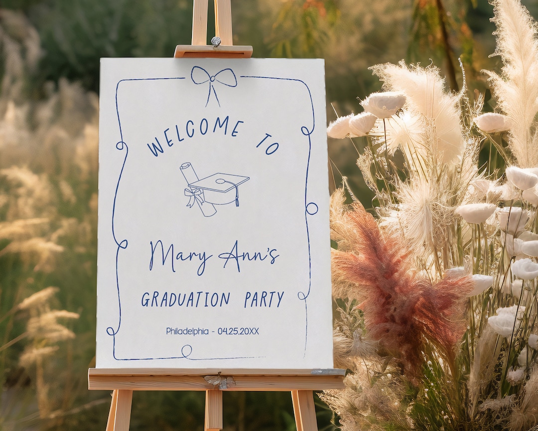 Graduation Welcome Sign Template, Hand Drawn Ribbon and Bow Decor Sign ...