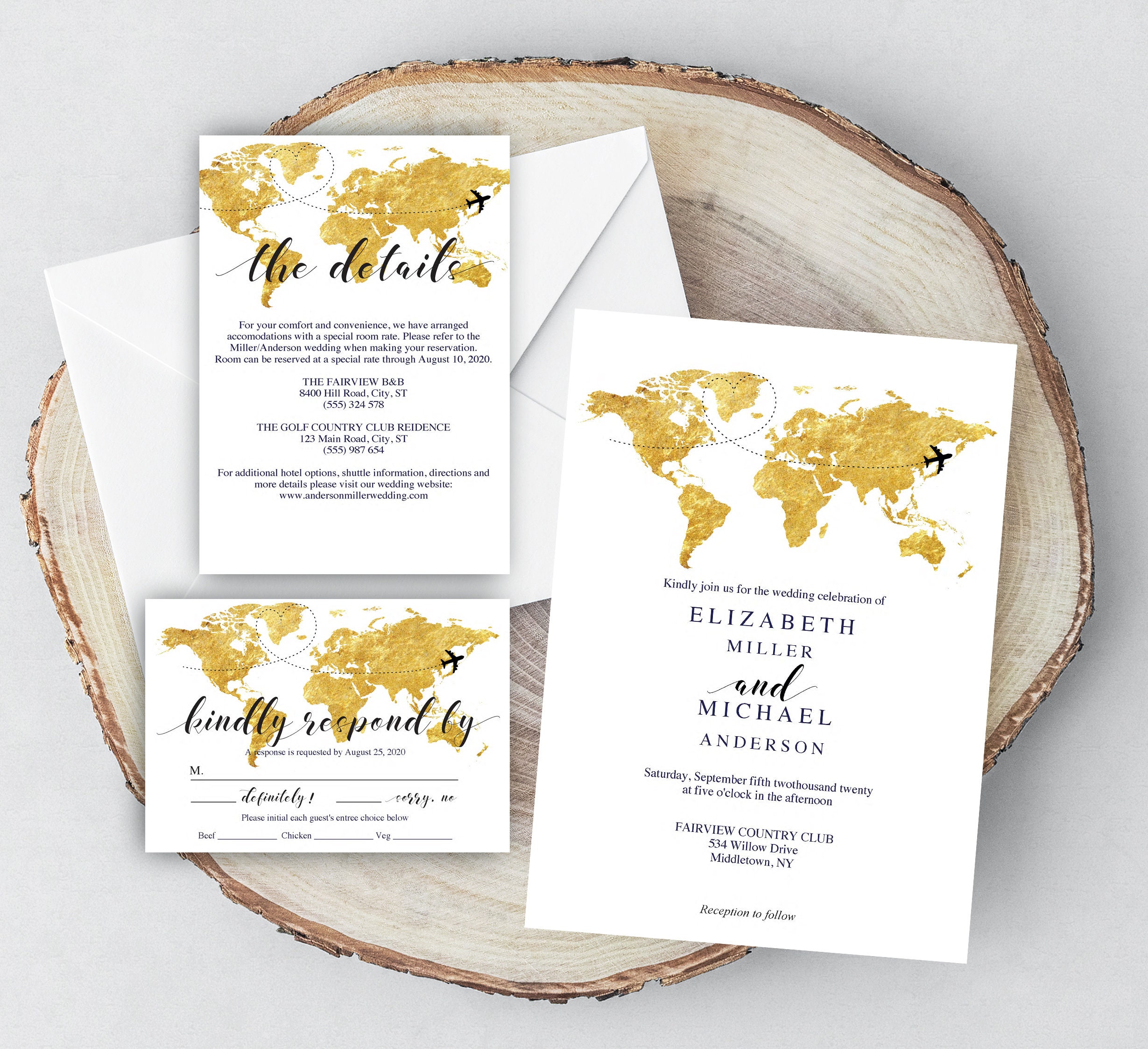 Destination Wedding Invitation Printable Faux Gold World Map Wedding 