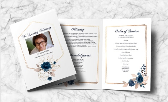 Blue and Gold Funeral Foldable Program Printable Elegant | Etsy