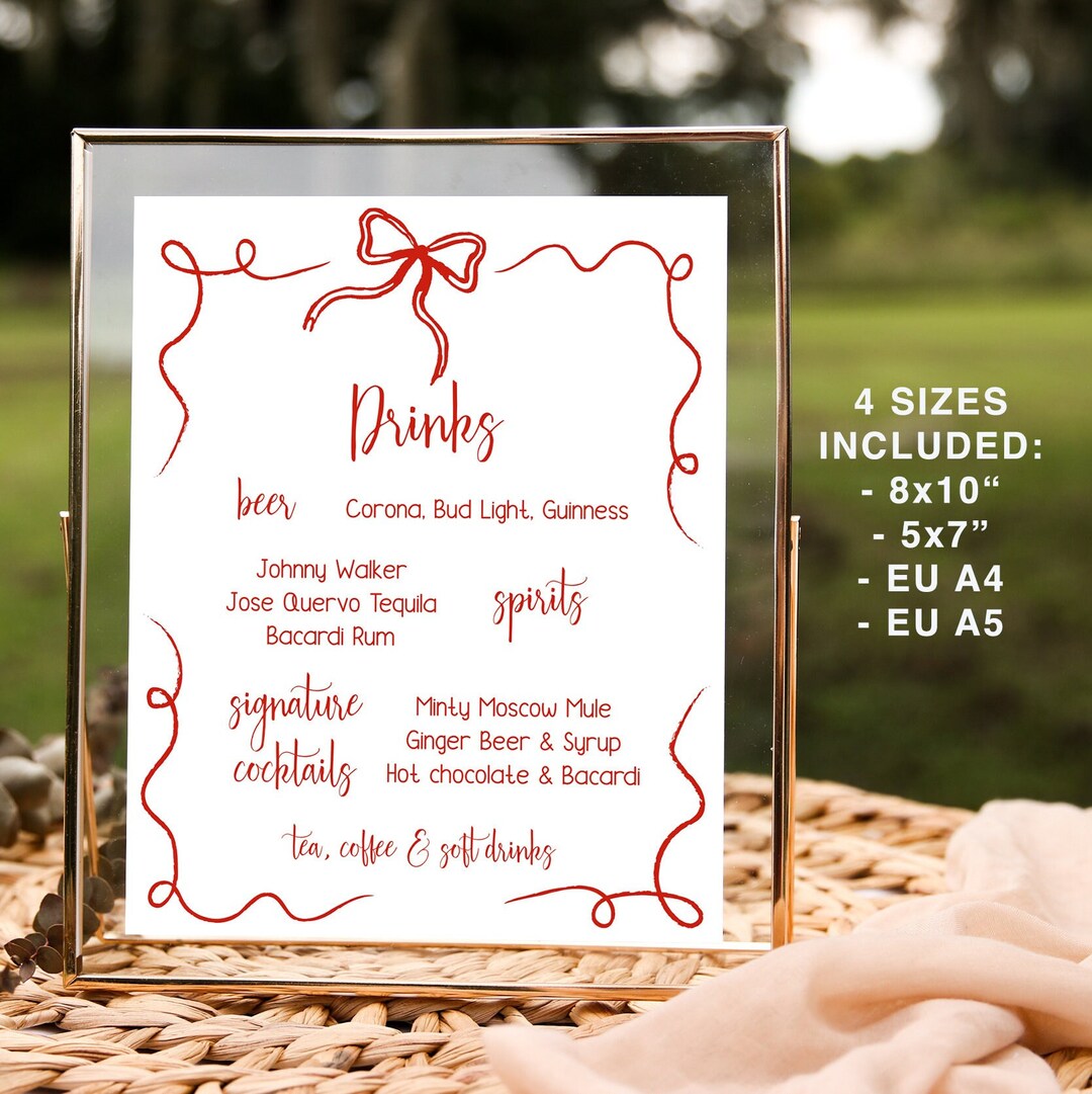 Whimsical Holiday Drink Menu Template, Festive Red Bow Drink Menu Sign ...