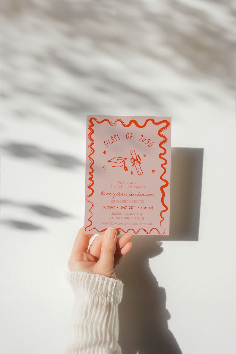 Retro Graduation Party Invitation Template, Wavy Grad Party Invite ...