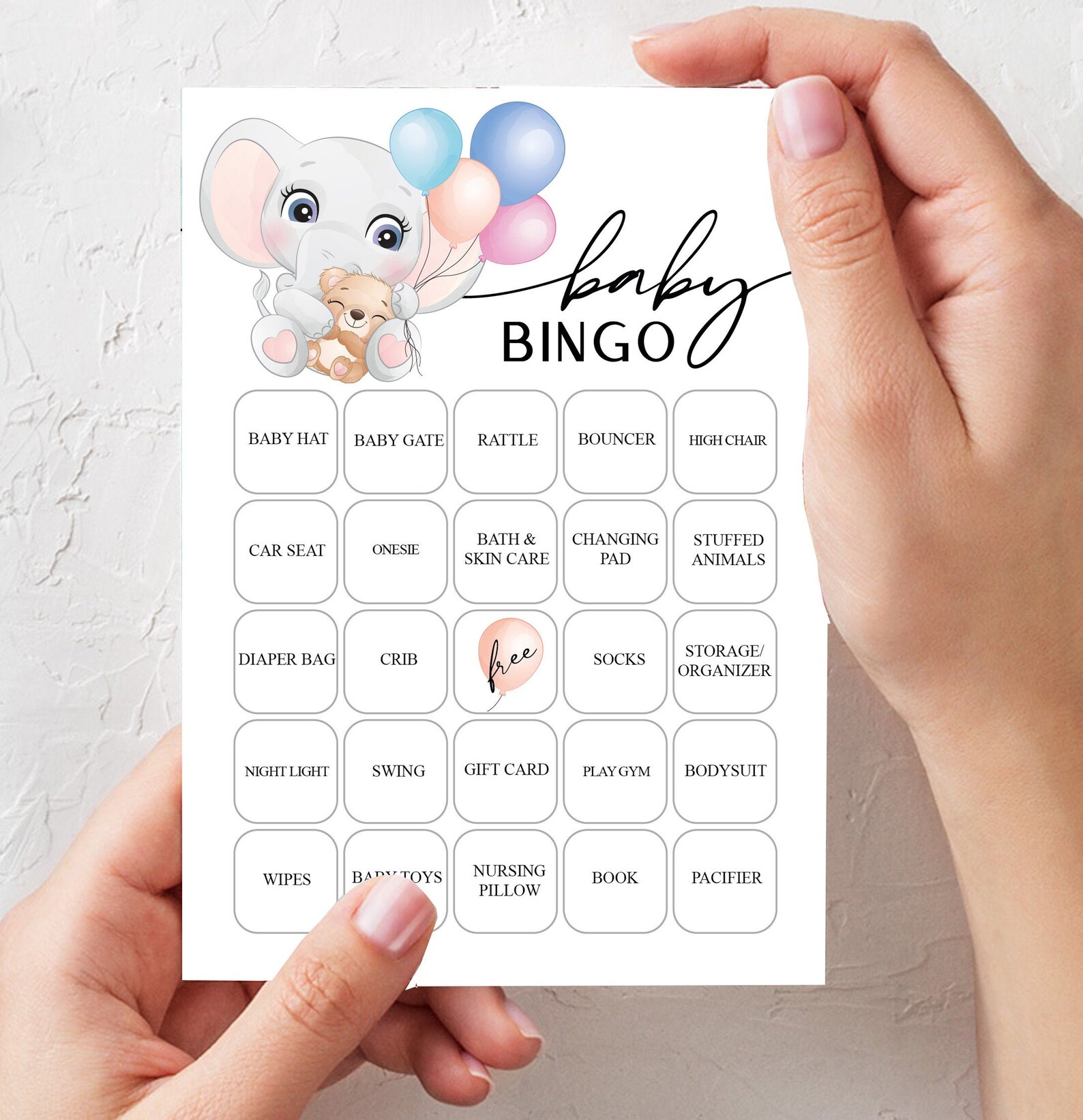 Baby Bingo Cards Printable, 20 Unique Game Sheets, Cute Elephant No ...