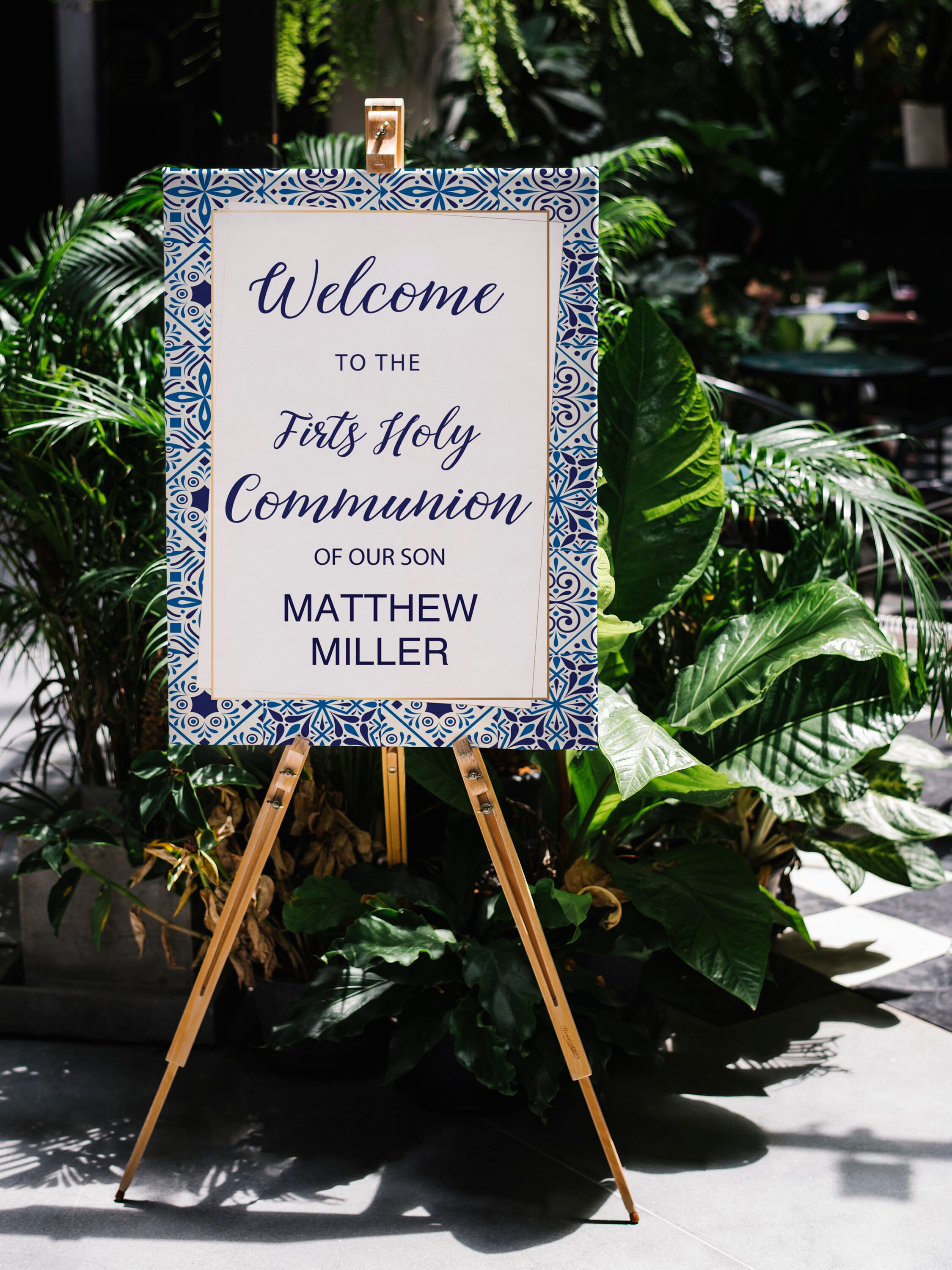 First Communion Welcome sign printable, Blue tiles and gold frame ...