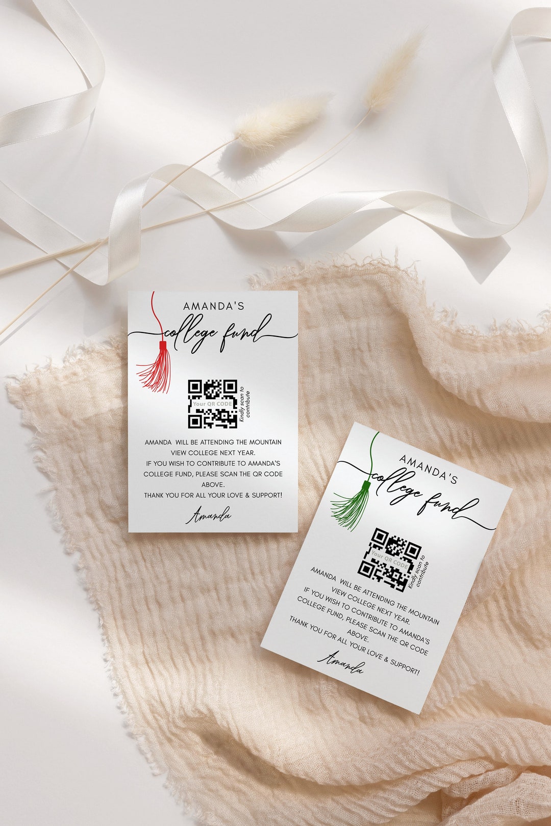 College Fund Graduation Insert Card Template, QR Code Tassel Graduation ...