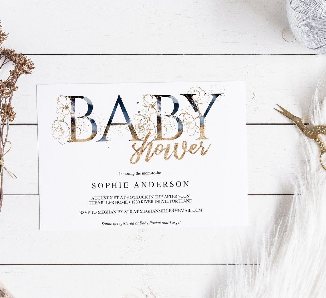 Elegant Baby Shower Invitation Template, Gold and Blue Florals Baby ...