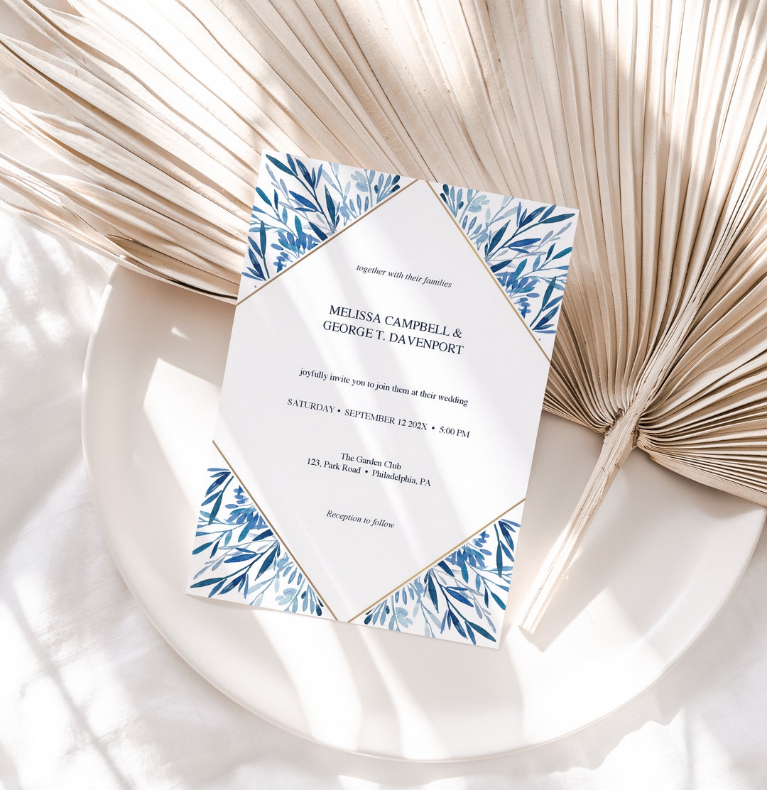 Blue Leaves Wedding Invitation Printable, Watercolor Navy Blue Greenery ...