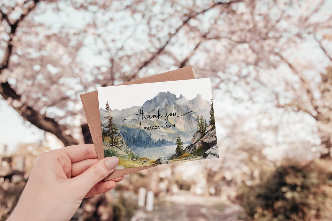 Thank You Folded Card, Tent Card Thank You, Watercolor Mountains ...