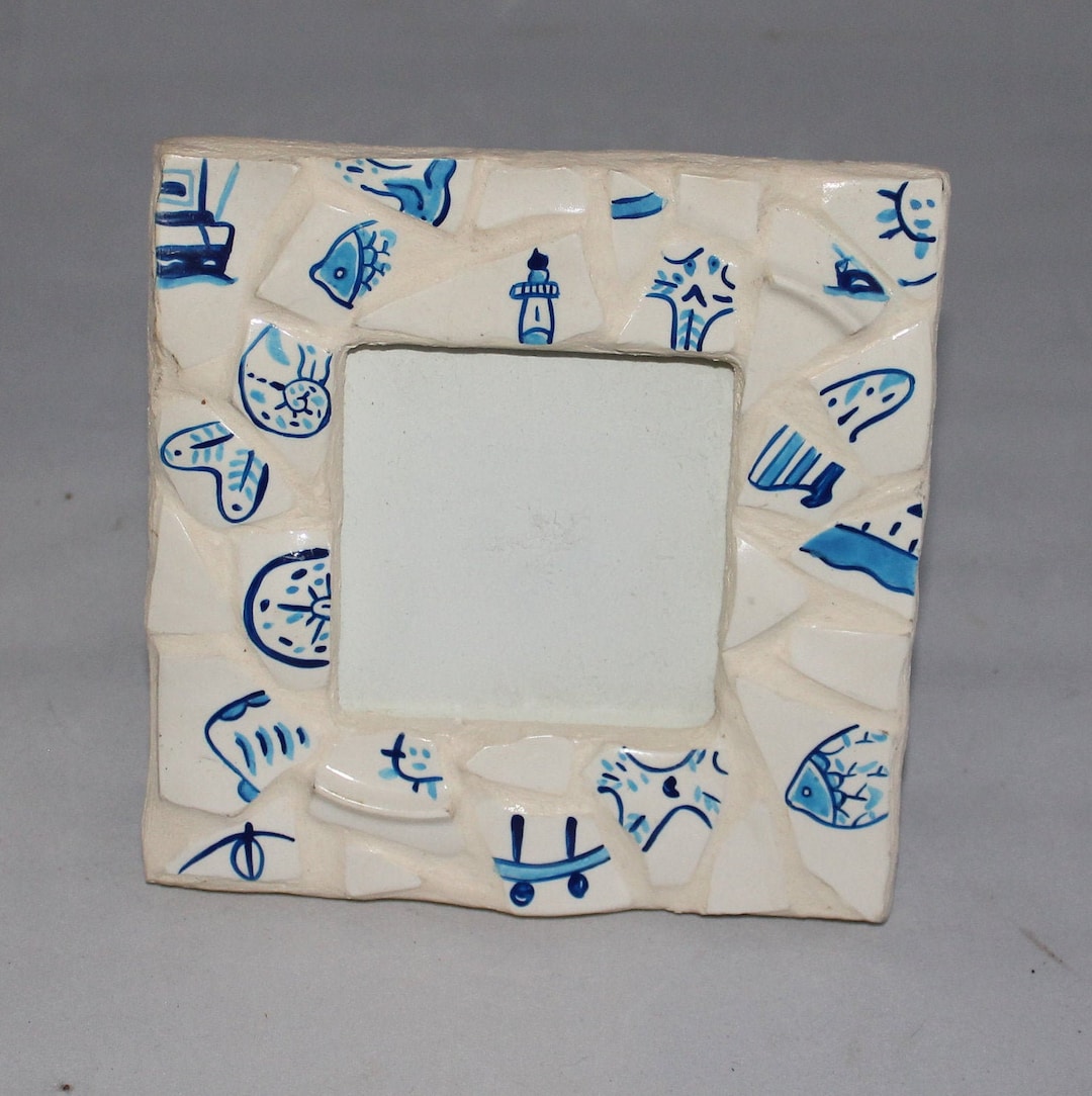 Blue and White Square Ceramic Photo Frame-nautical-seashells-lighthouse ...