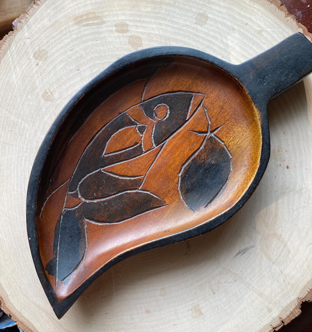 Hand Carved Wooden Dish-leaf Shape-carved Fish-duotone Wood-haiti ...