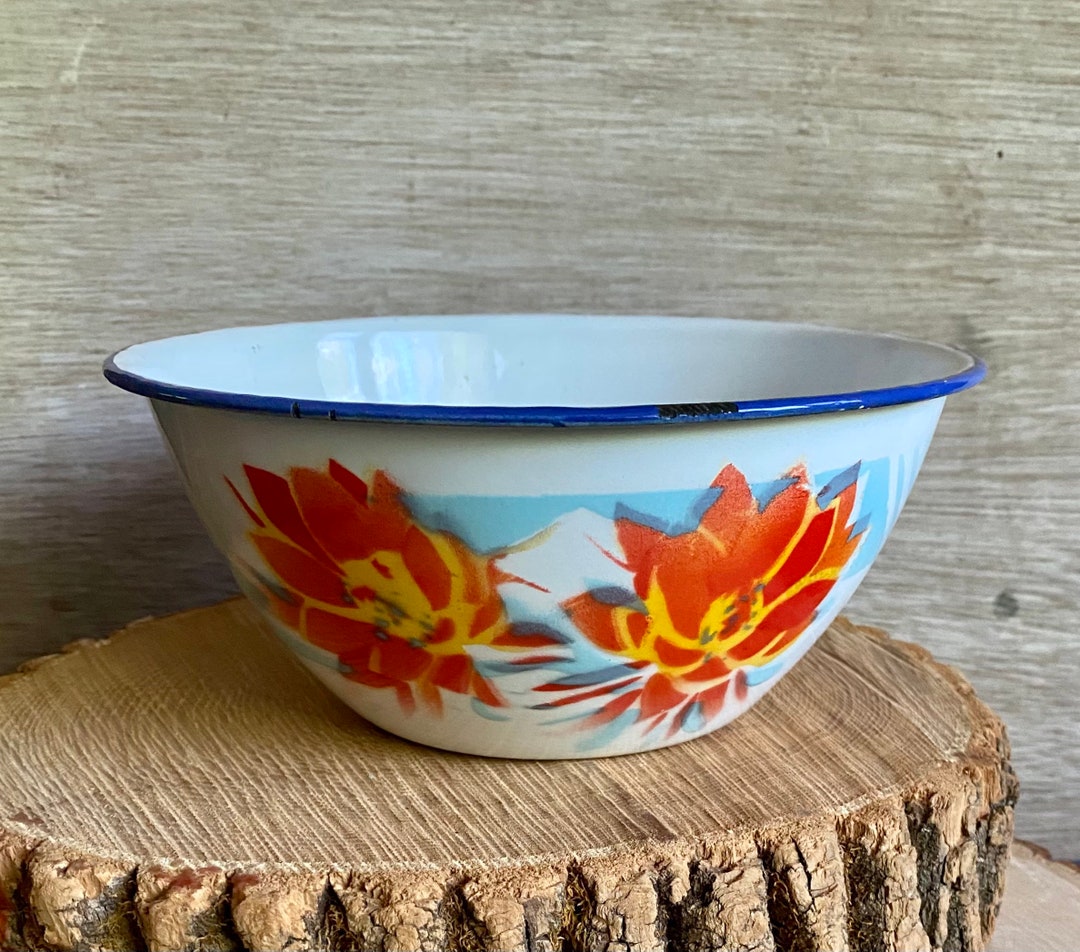 Vintage Enamelware Bowl-stenciled-1950s-shanghai-white-orange-flowers ...