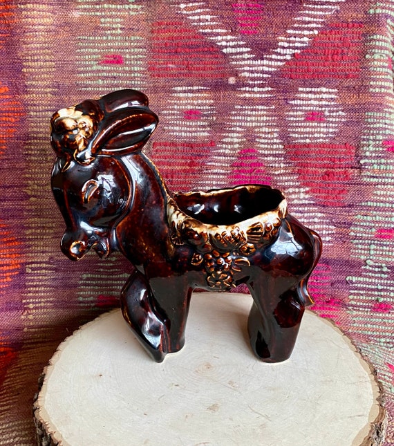 Retro Ceramic Donkey Planter-brown Drip Glaze-burro-mid | Etsy