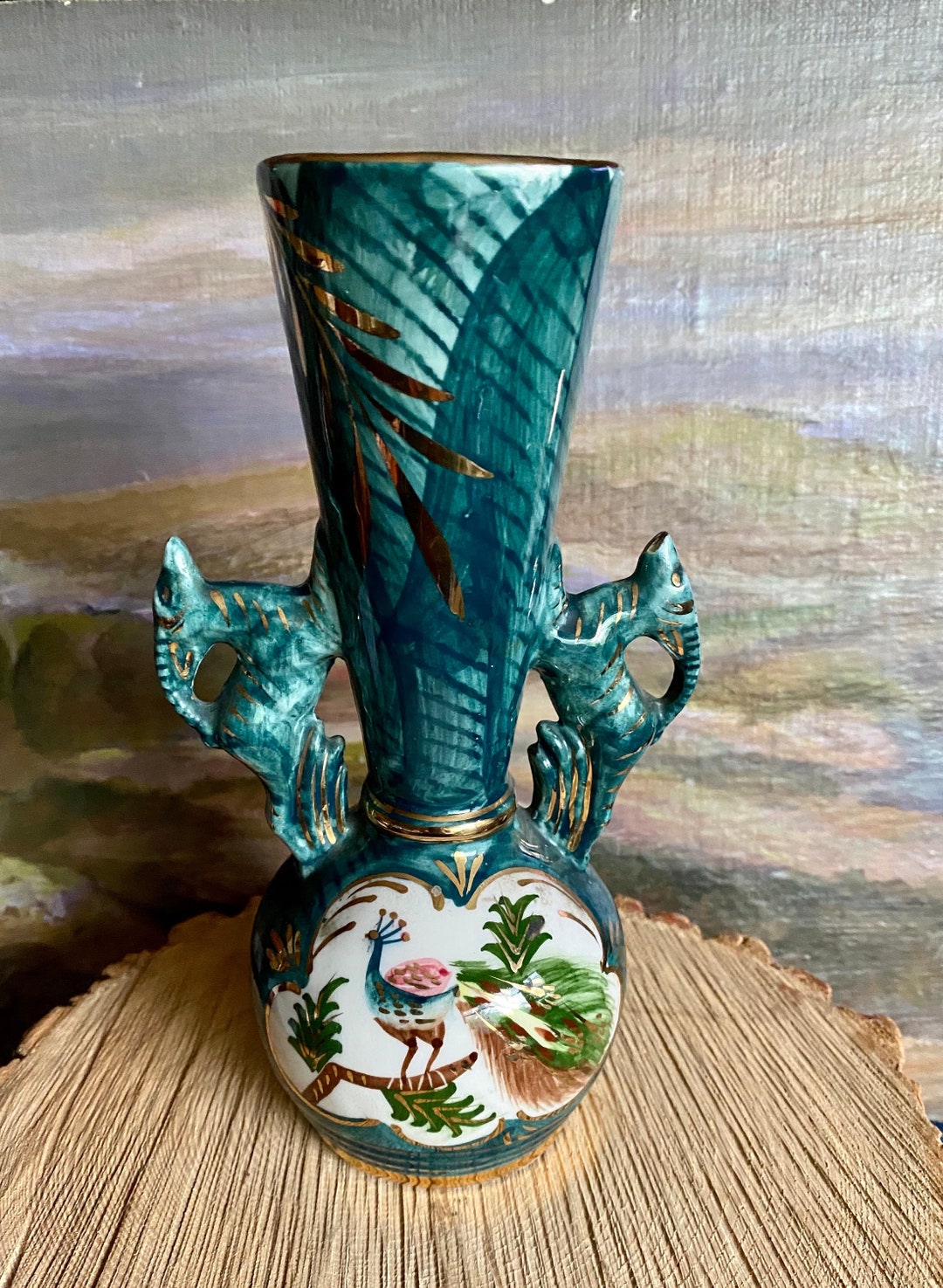 Hand Painted Peacock Vase-hubert Bequet Vase-belgium-quaregnon-22k Gold ...