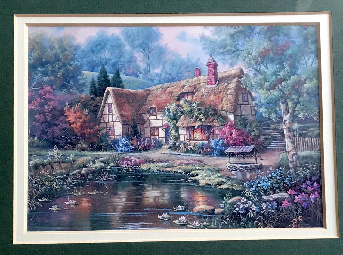 Country Cottage Framed Print Green-English Cottage-Double Mat | Etsy