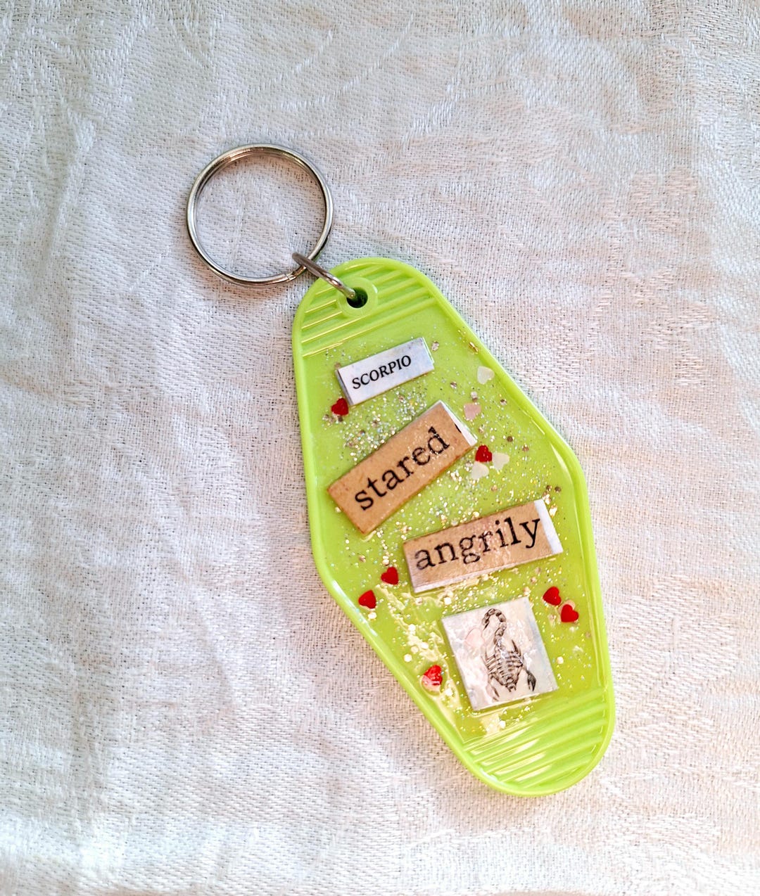 The Scorpio's Oracle - Bright Green Retro Hotel Tag Keychain - Handmade ...