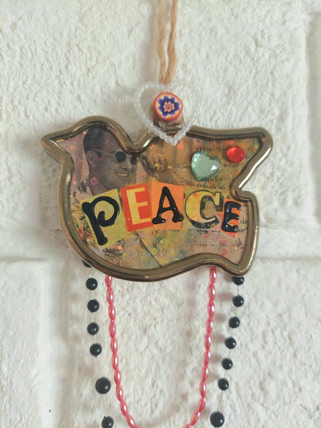 Peace Dove Collage Ornament 2 Beaded Recycled Art Wall - Etsy