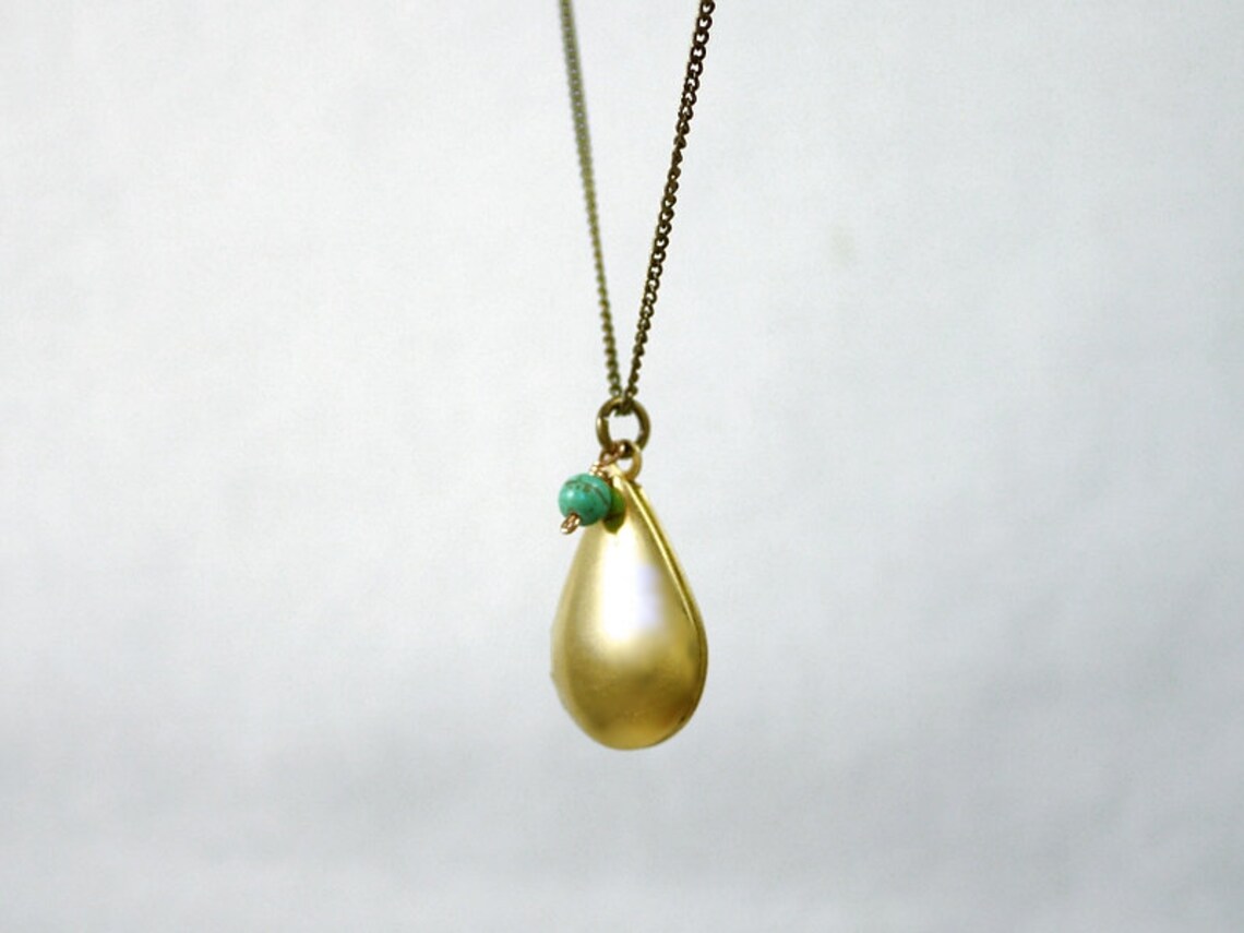 Gold teardrop locket necklace antique chain turquoise bead | Etsy